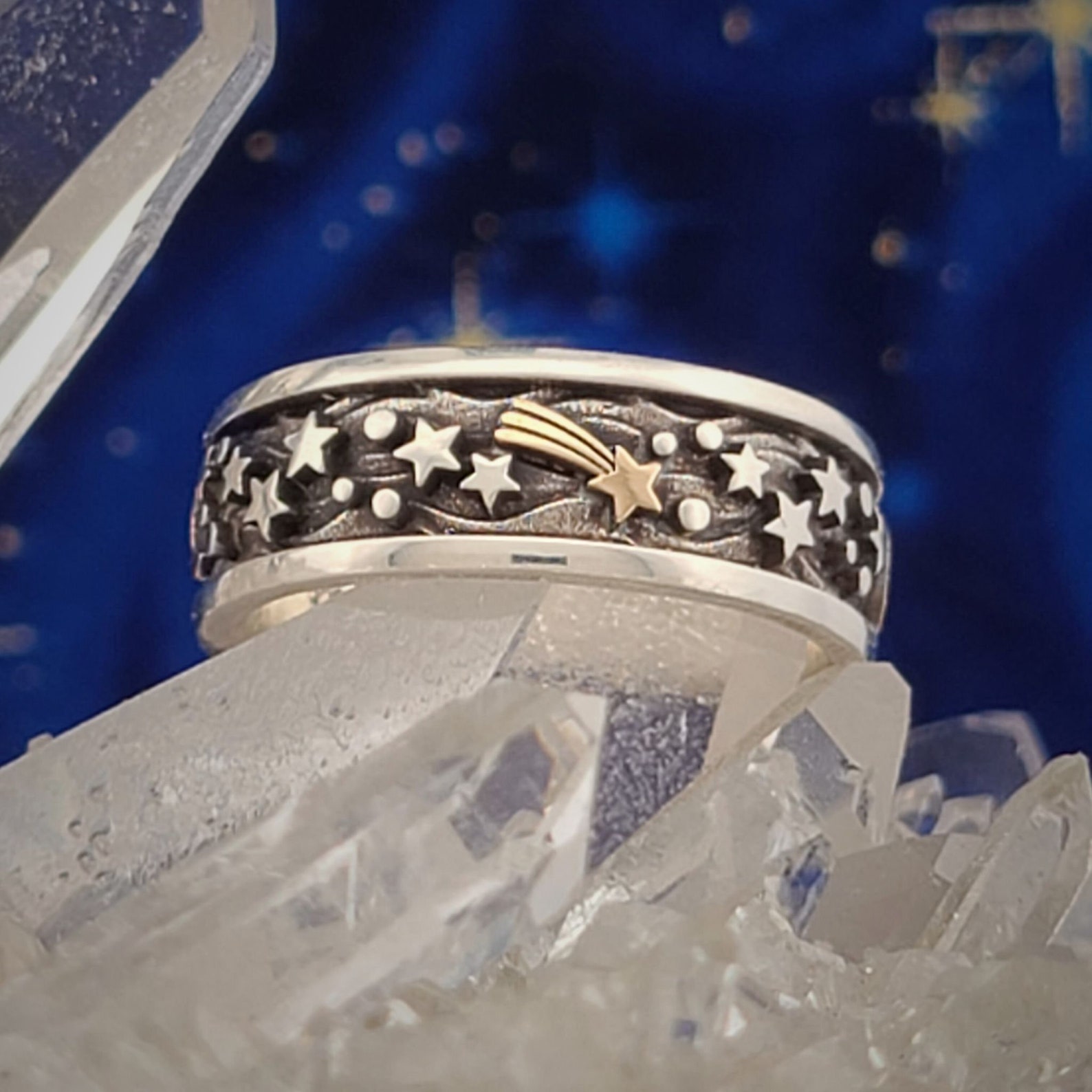 Shooting Star Ring, Crescent Moon Celestial Band, Galaxy Jewelry - Etsy ...