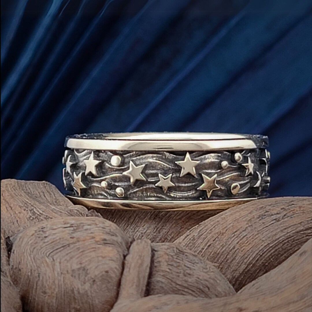 Starry Night Sky Celestial Themed Designer SILVER Ring Twinkling Stars ...
