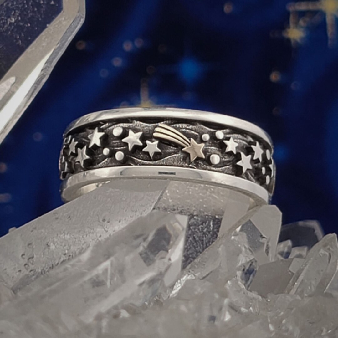 Shooting Star Crescent Moon & Planet Celestial STEEL Ring Gift for ...