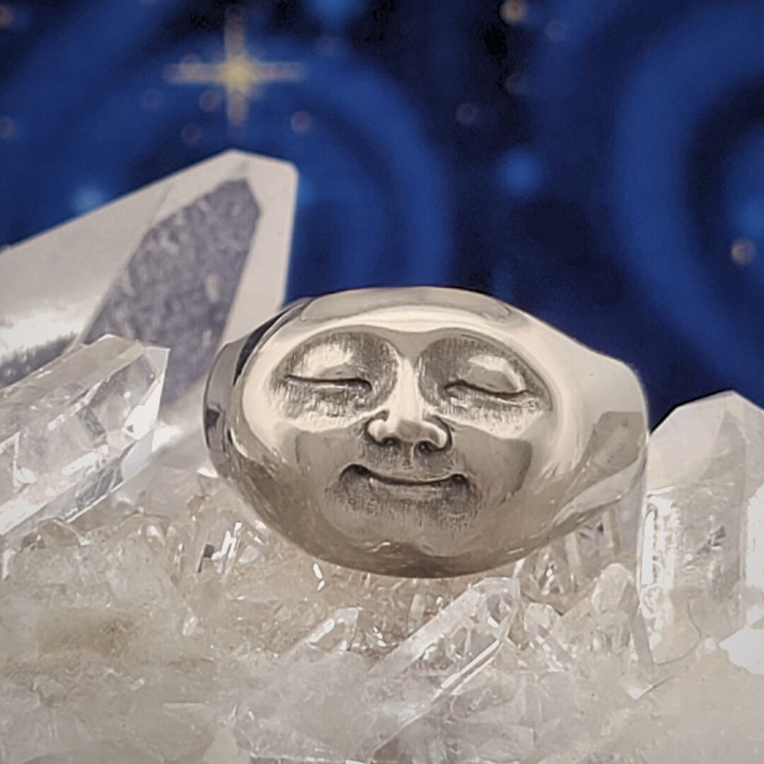 MOONCHILD Smiling Moon Face Tapered STEEL Ring Serene Happy Jewelry ...