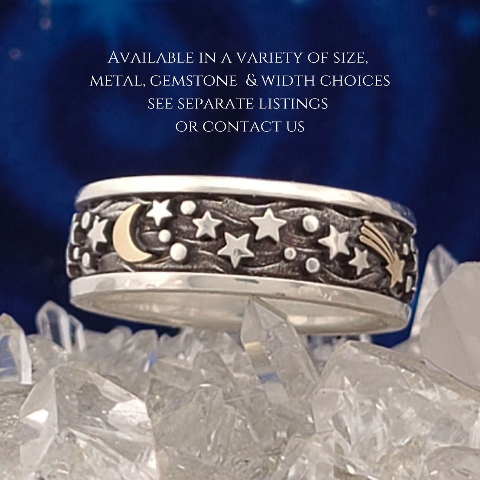 Shooting Star Ring, Crescent Moon Celestial Band, Galaxy Jewelry - Etsy ...