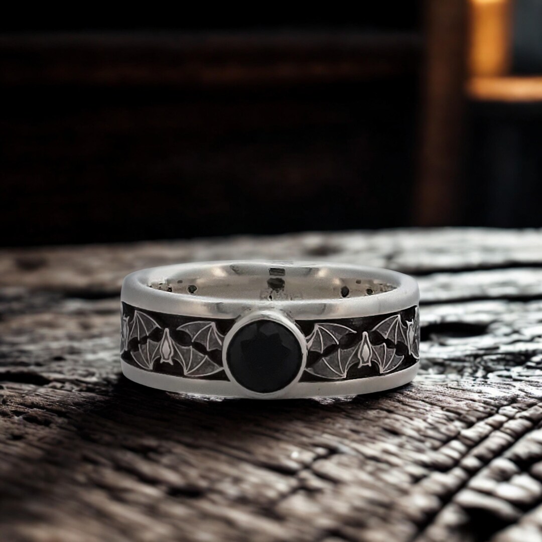 Gothic BAT NARROW Solitaire Wedding Band, Multiple Carved Bats Wrap ...
