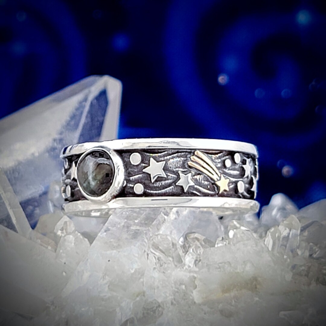 Shooting Star Solitaire Celestial Band Ring Twinkling Planets Jewelry ...
