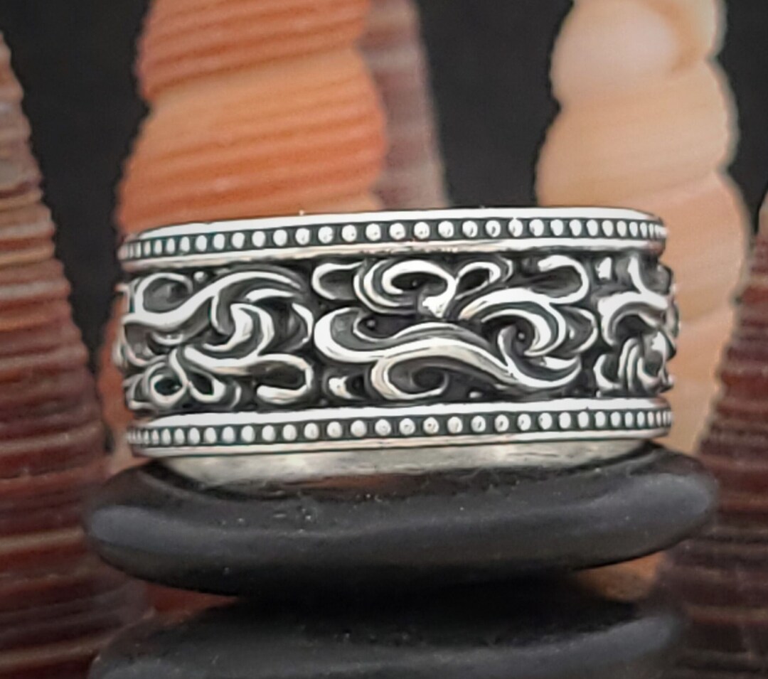 CASCADING RIVER BEADED Wedding Band Wavy Sculpted Anniversary Present for Him Scrollwork ...