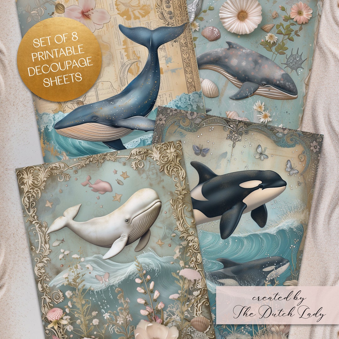 Floral Whales Printable Decoupage Sheets Digital Scrapbook Ephemera ...