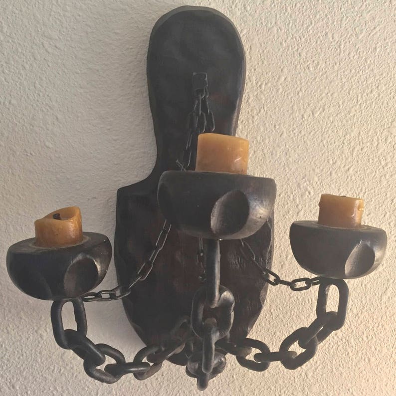 Vintage Gothic Medieval Style Wrought Iron Chain & Wood Wall Sconce ...
