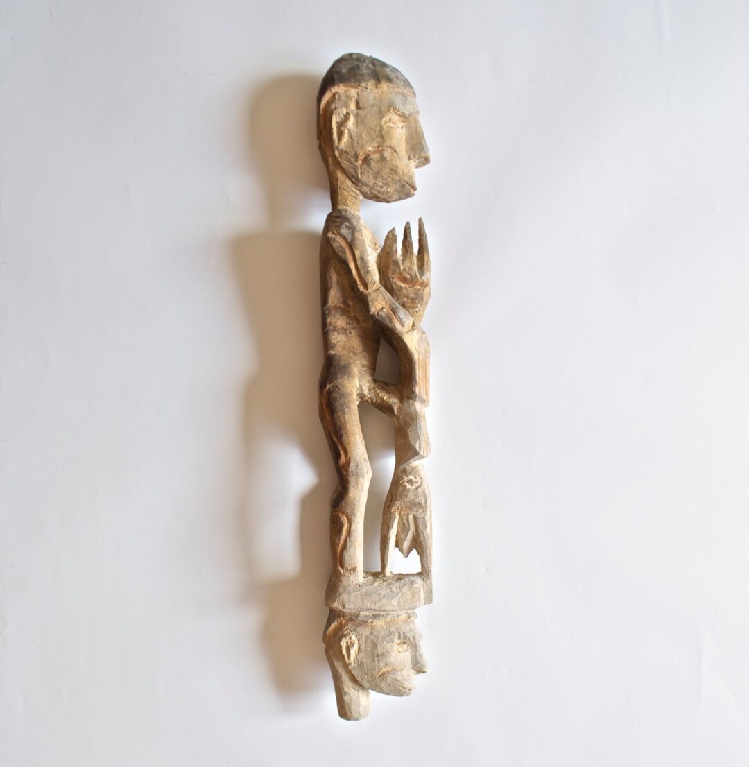 Wood Carved Asmat Male Figure Standing on Ancestor’s Head A Tribal ...