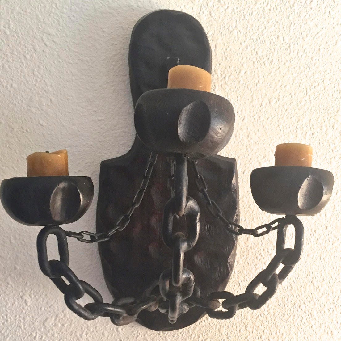 Vintage Gothic Medieval Style Wrought Iron Chain & Wood Wall Sconce ...