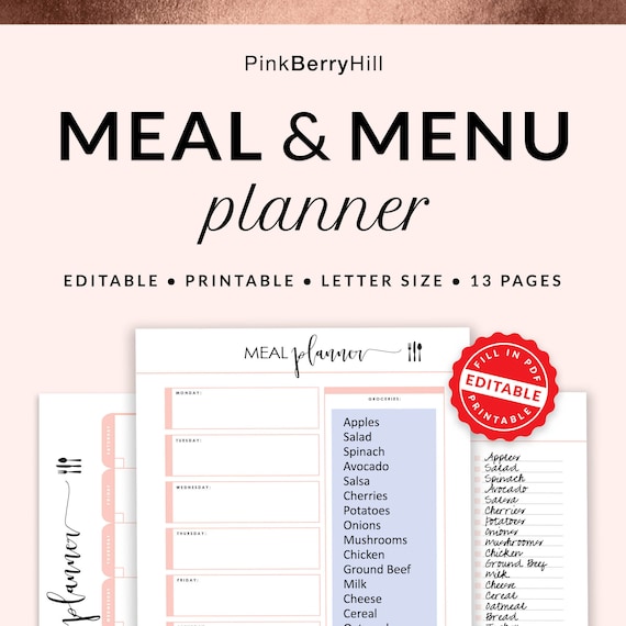 Editable Meal Planner Menu Planner Printable Fill in PDF | Etsy