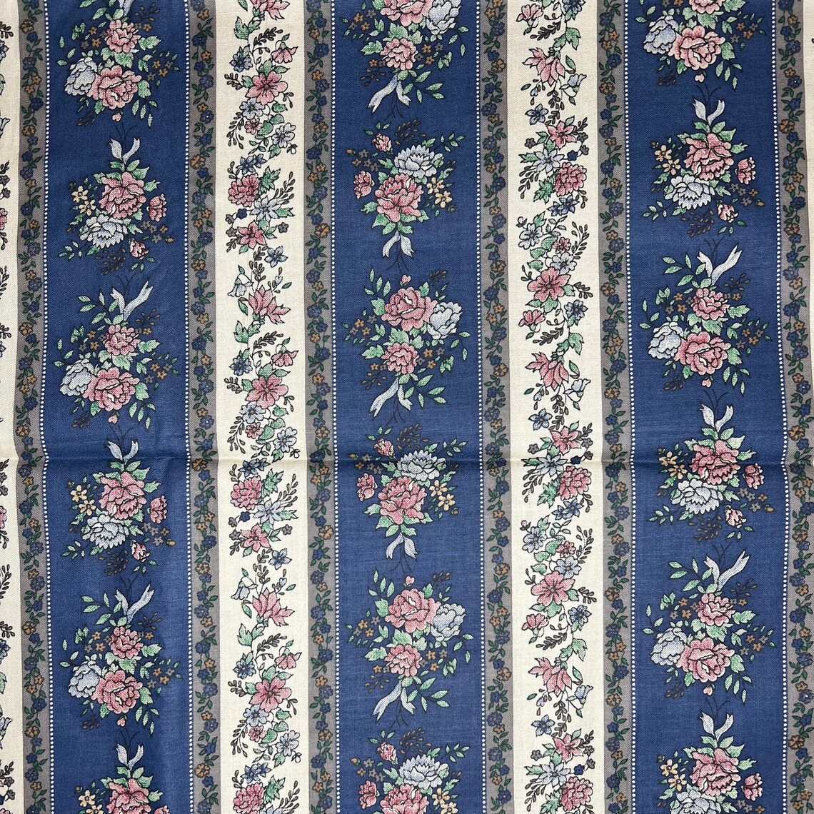 Vintage Muted Red and Blue Floral on Blue and Cream Stripes 1 1/2 Yards ...