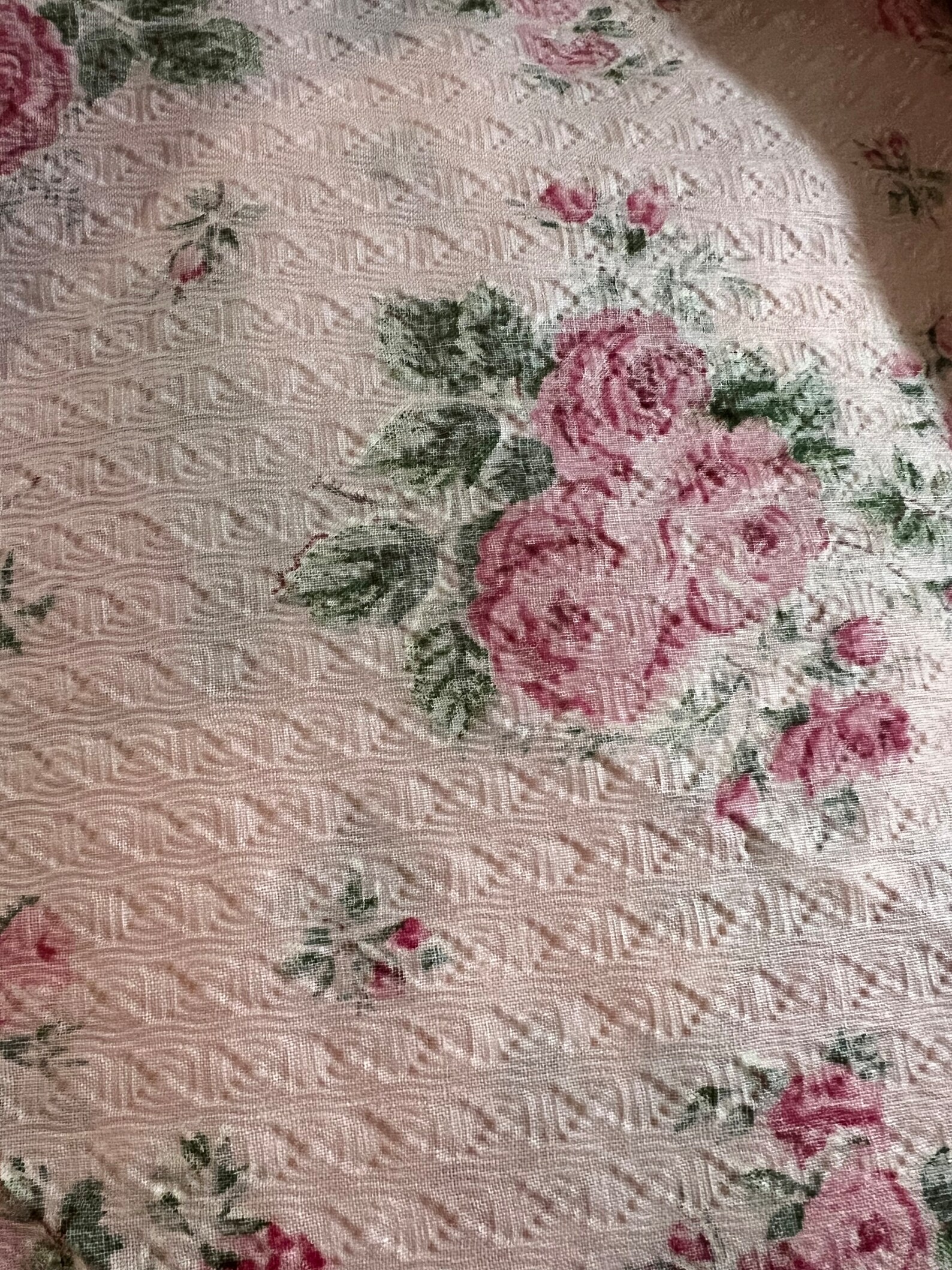 Vintage Pink Floral Roses on Light Pink Textured Cotton Marcella Pique ...