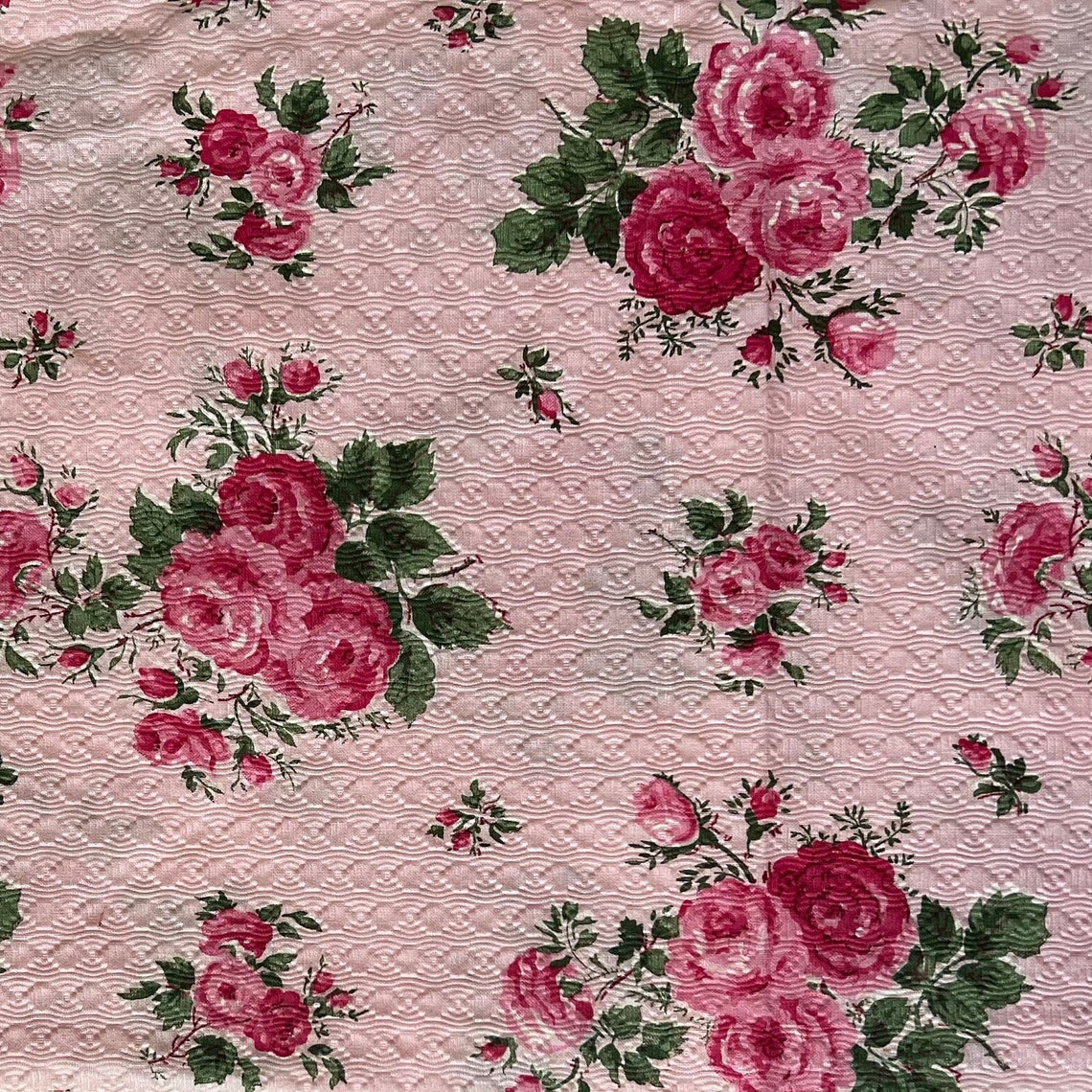 Vintage Pink Floral Roses on Light Pink Textured Cotton Marcella Pique ...