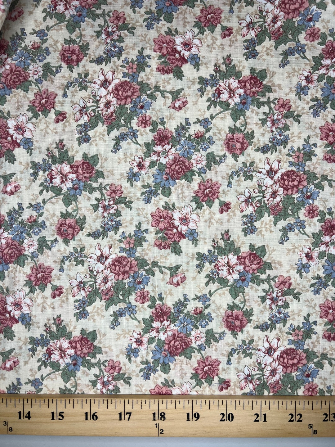 Vintage Joan Kessler for Concord Fabrics Blue and Pink Floral on Ivory ...
