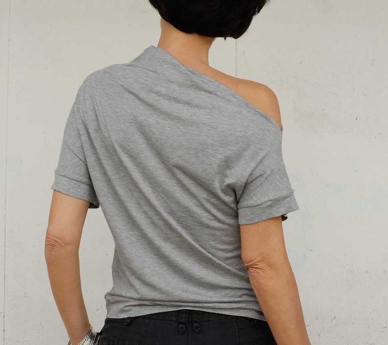 Gray Top Short Sleeves - Elasticized Grey Top - One Shoulder Top - Grey ...