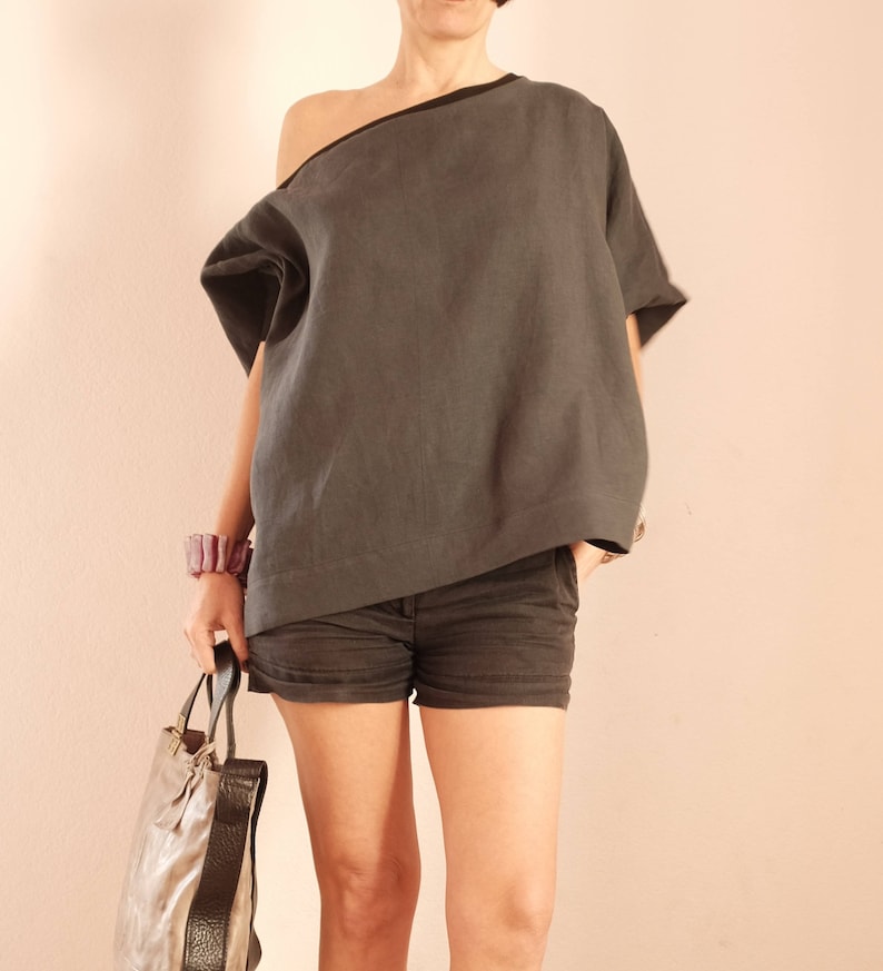 Linen Top - Large Linen Tunic - Charcoal Washed Linen Shirt - Oversized ...