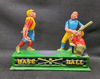 Vintage 1950's Baseball Bank Cast Iron Mechanical Baseball Bank ...