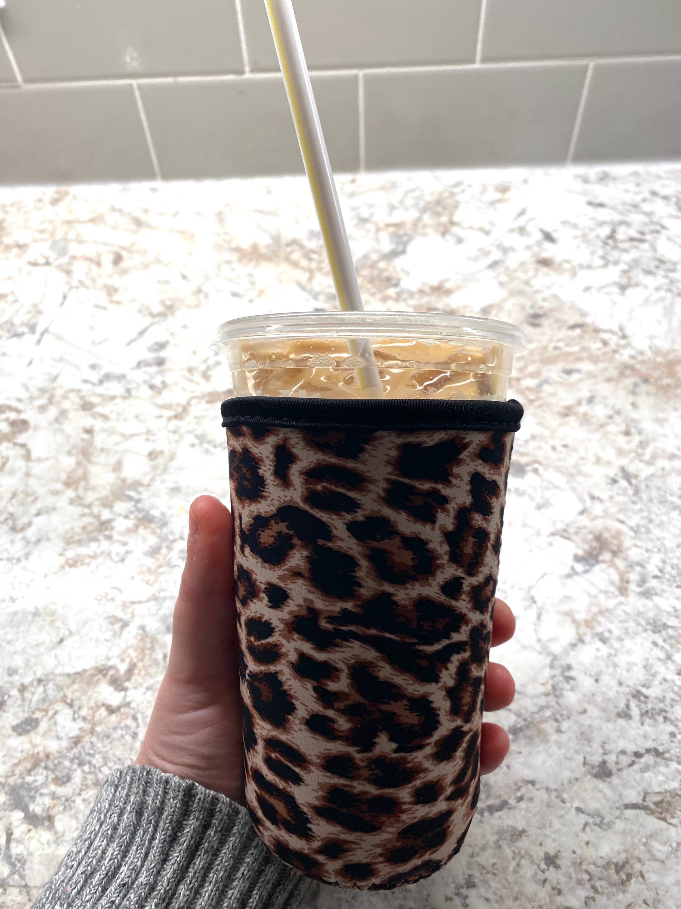 Personalized Iced Coffee Holder, Leopard Print Iced Coffee Sleeve ...