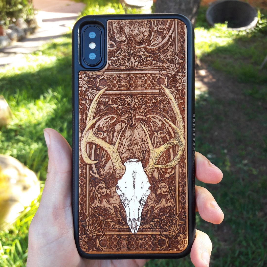 Deer Skull Wood Phone Case – Hand-painted / Engraved Gothic Art for ...