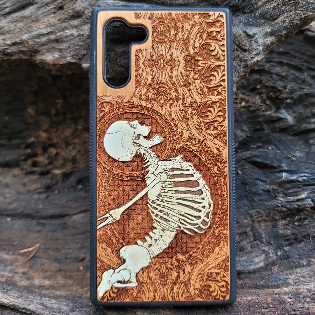 Skeleton Wood Phone Case Hand-painted – Gothic Bone Art for iPhone 16 ...