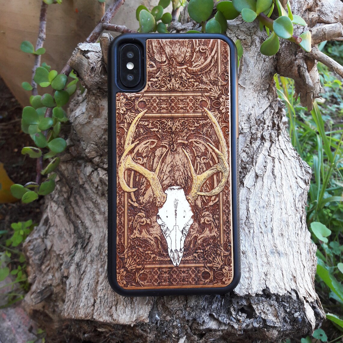 Deer Skull Wood Phone Case: Hand-painted Gothic iPhone & Galaxy - Etsy
