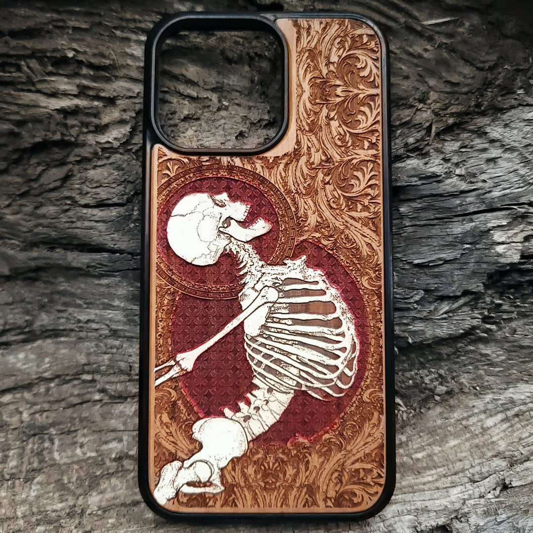 Skeleton Wood Phone Case Hand-painted – Gothic Bone Art Laser Engraving ...