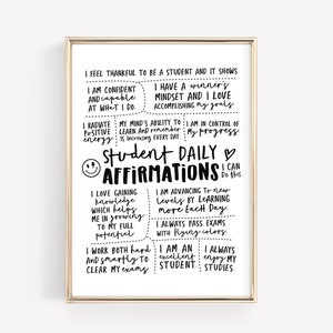 Student Daily Affirmations Printable Wall Art Positive Affirmation ...