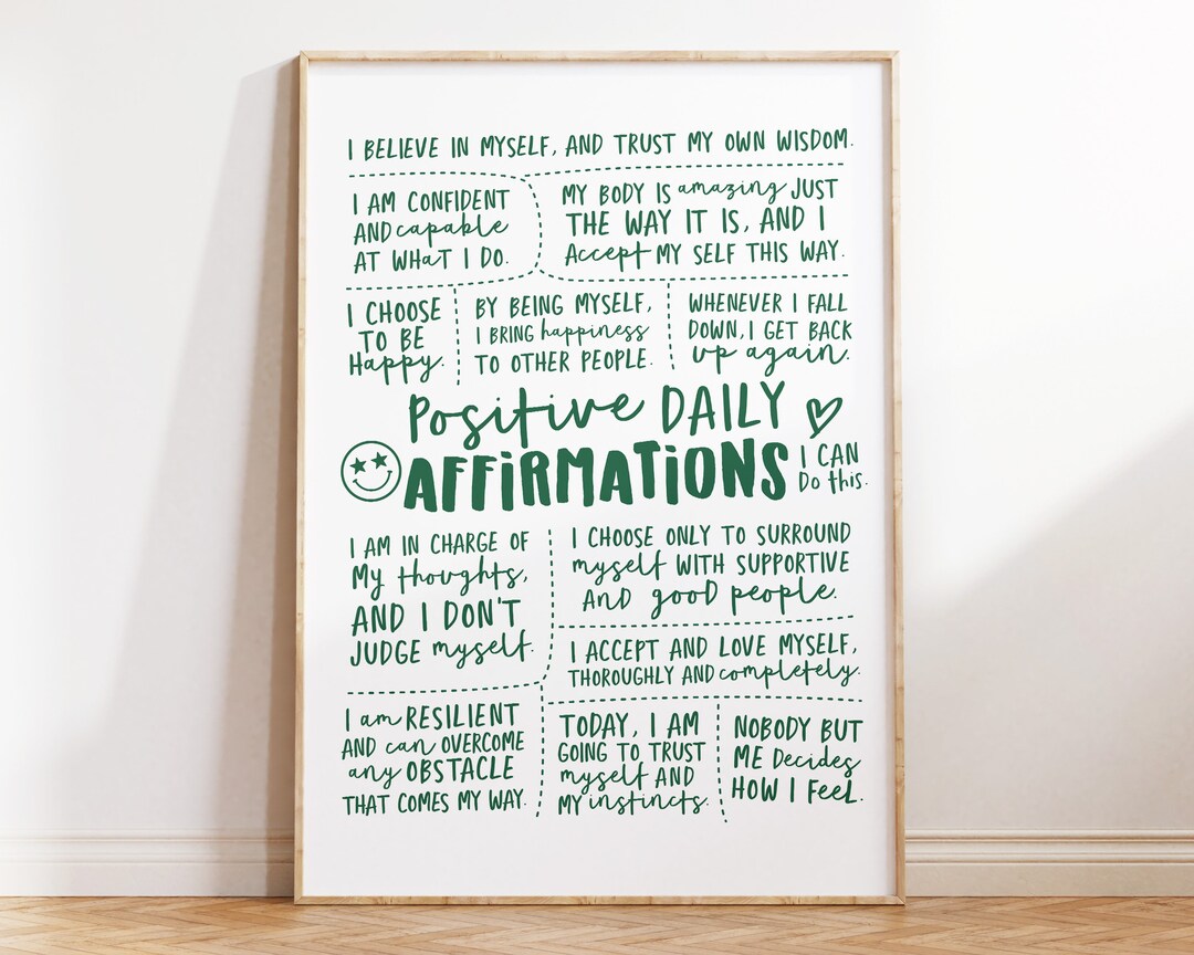Positive Affirmations Wall Art, Green Retro Poster, Printable Wall Art ...