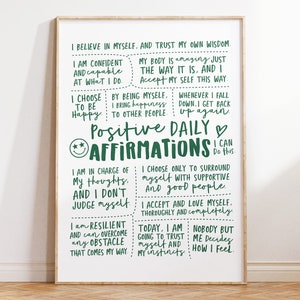 Positive Affirmations Wall Art, Green Retro Poster, Printable Wall Art ...