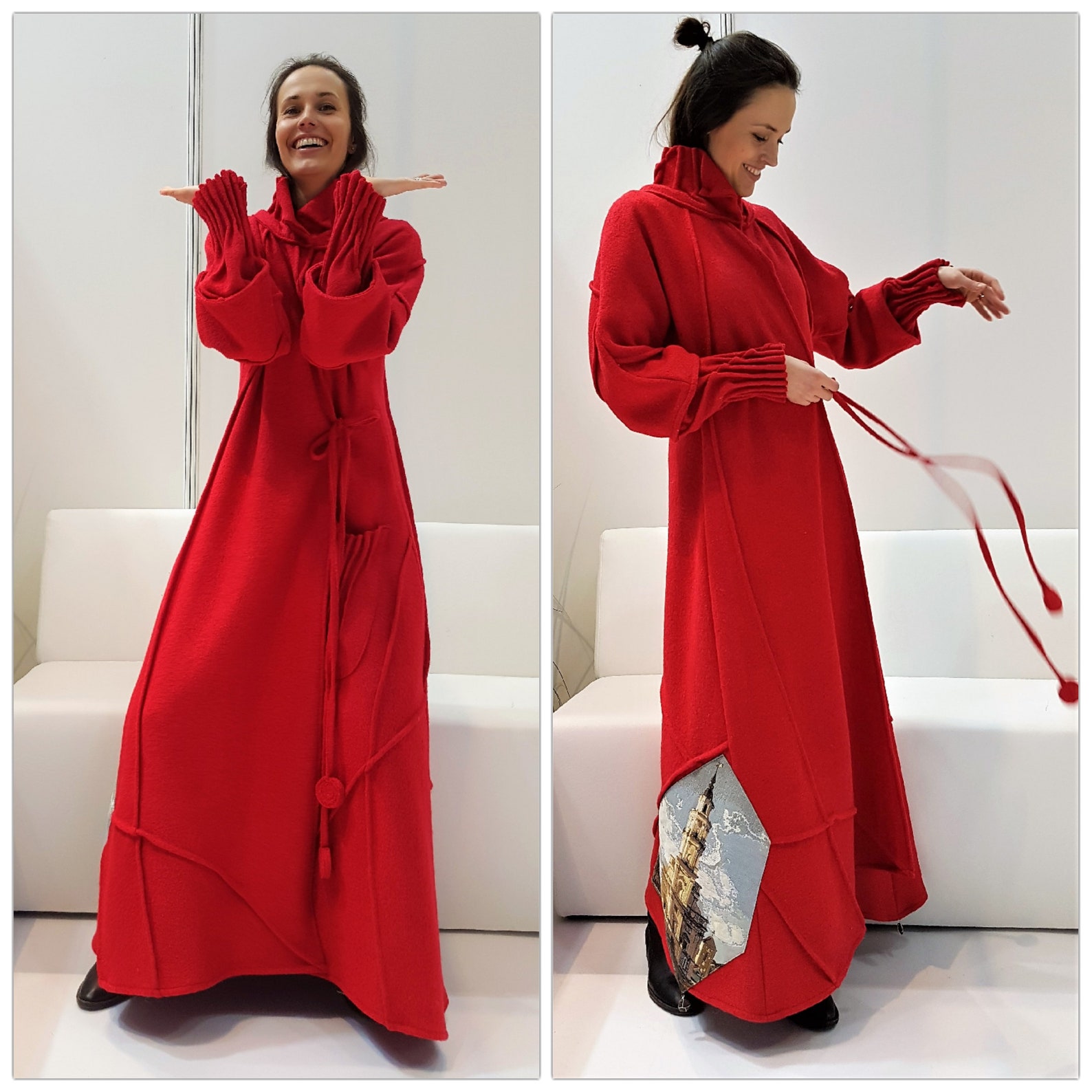 NEW Bohemian Light Long Red Coat / Avant Garde / Women Long Full Length ...