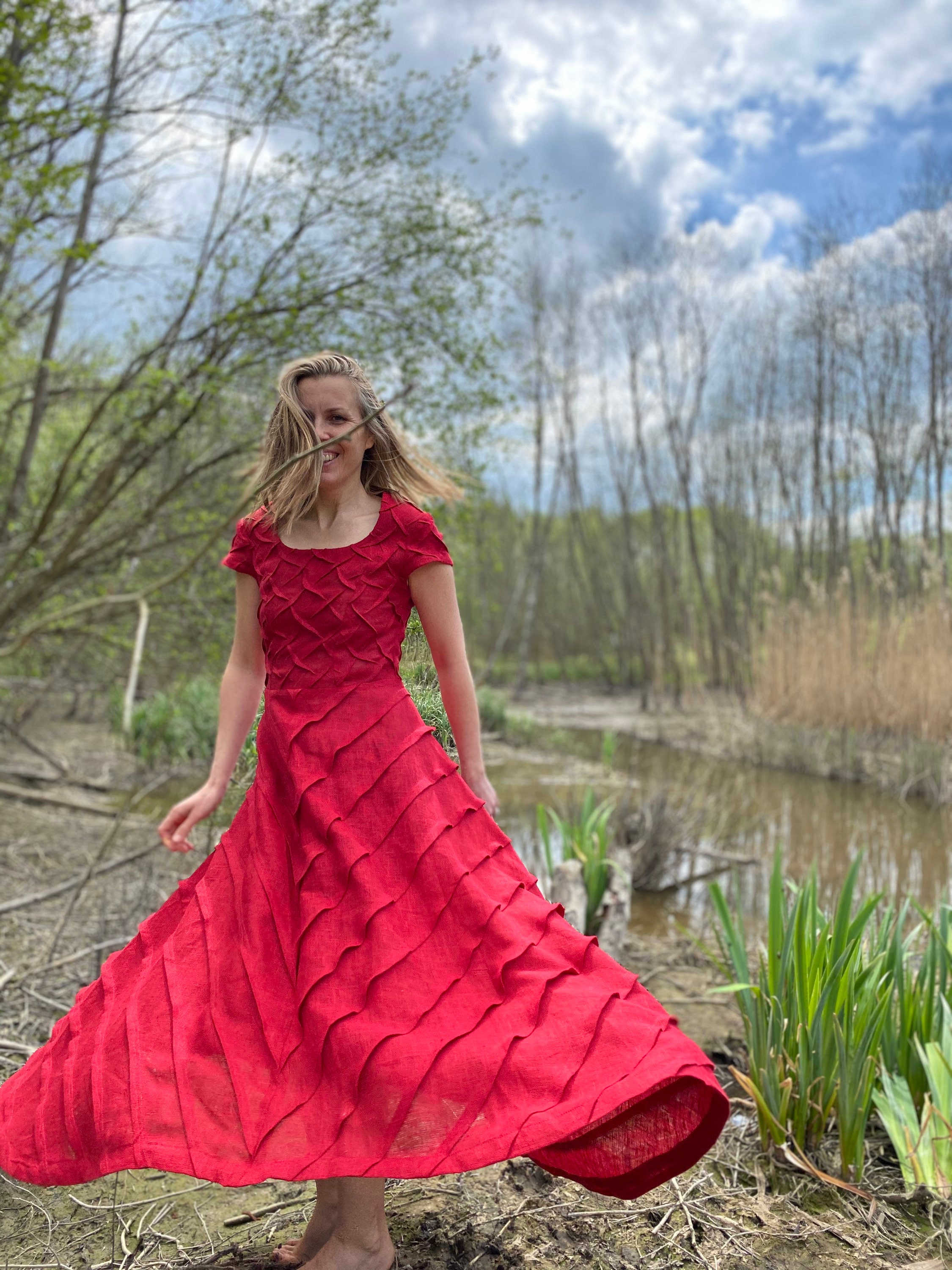 Red Linen Dress / All Red Dress With Sleeves / Cocktail Dress / Long ...
