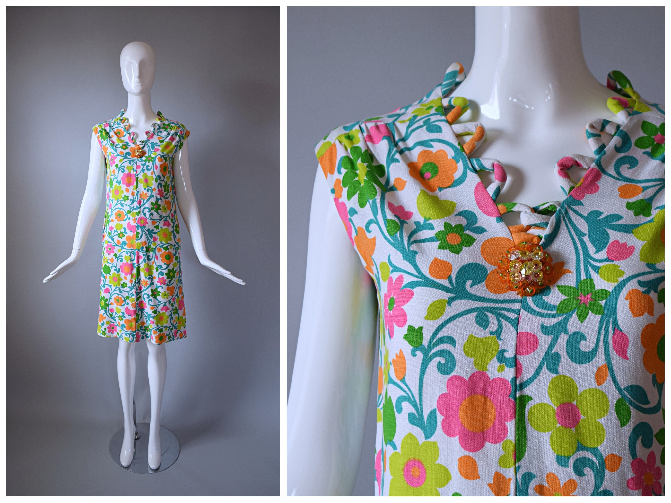 Vintage 1960s Handmade Vibrant Floral Print Loop Neck Shift Dress With ...