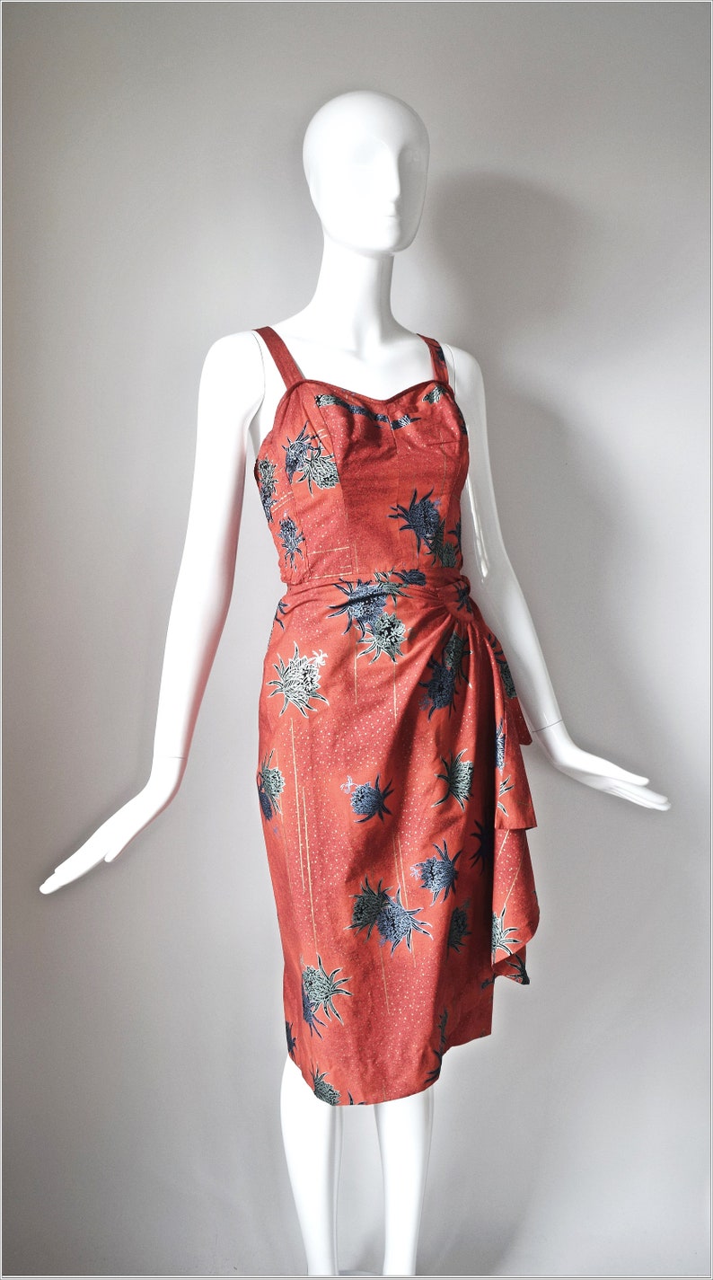 Vtg 40s Red Tropical Floral Print Hawaiian Sarong Wrap Dress 1940s ...