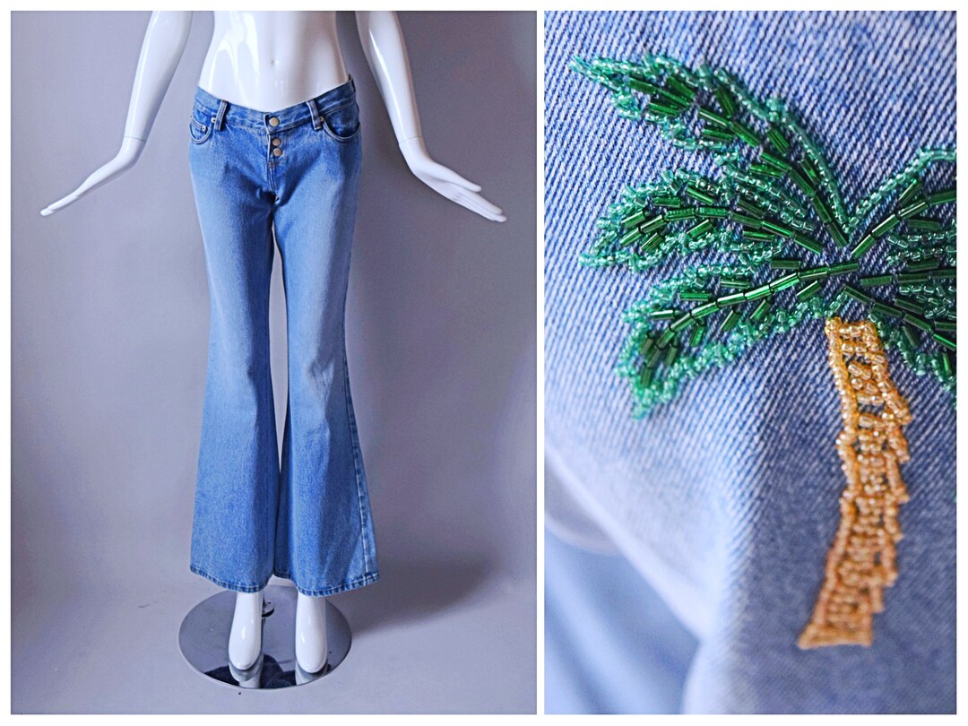 Vintage 1990s Moda International Denim Low Rise Flared Jeans With Glass ...