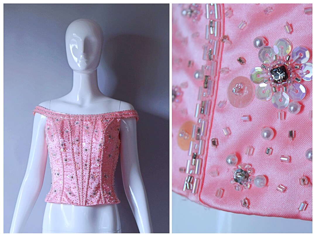 Vintage 1990s Tiffany Designs Pink Satin Beaded Bustier Top 1990s 90s ...