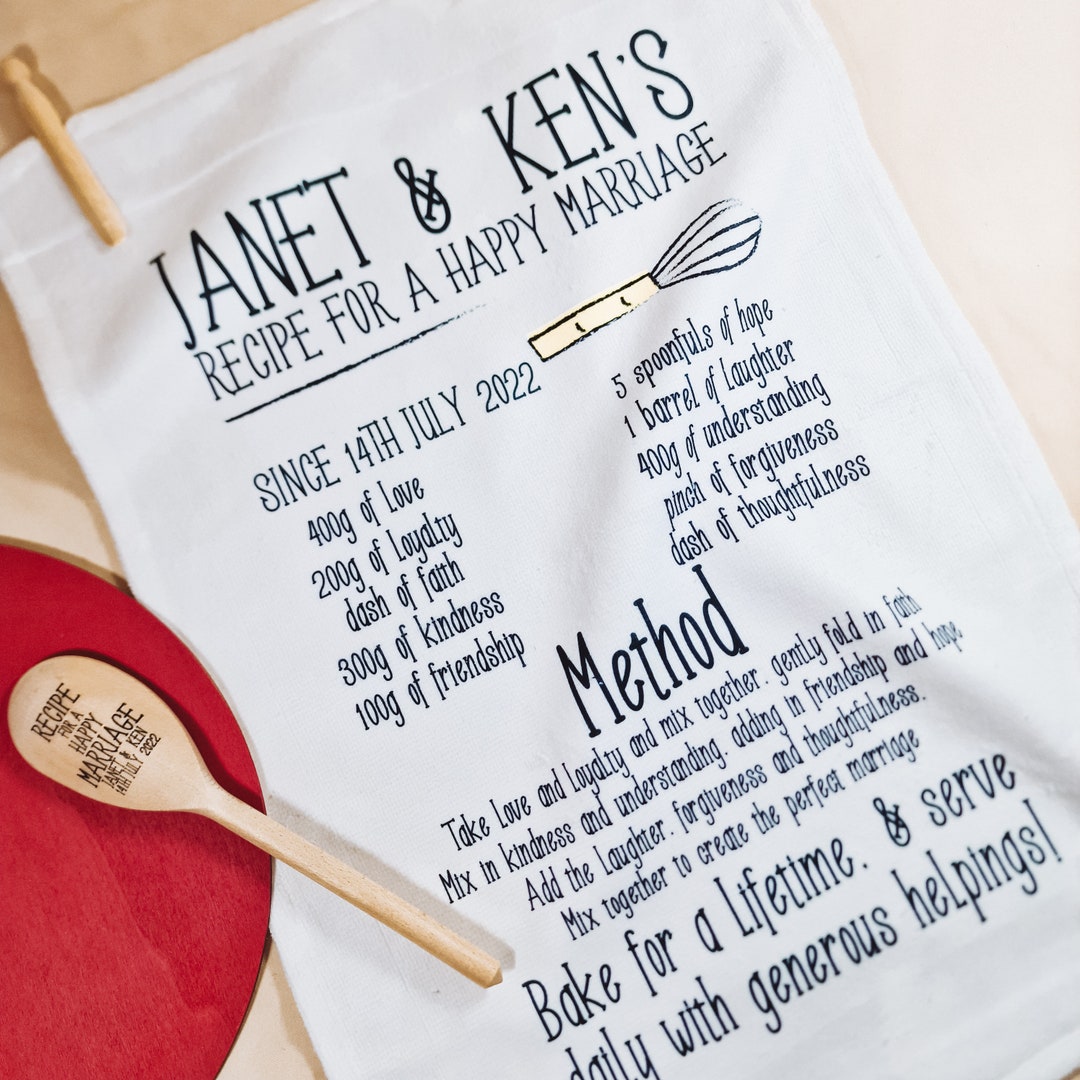 Personalised Wedding Tea Towel - Recipe for a Happy Marriage - 2nd ...