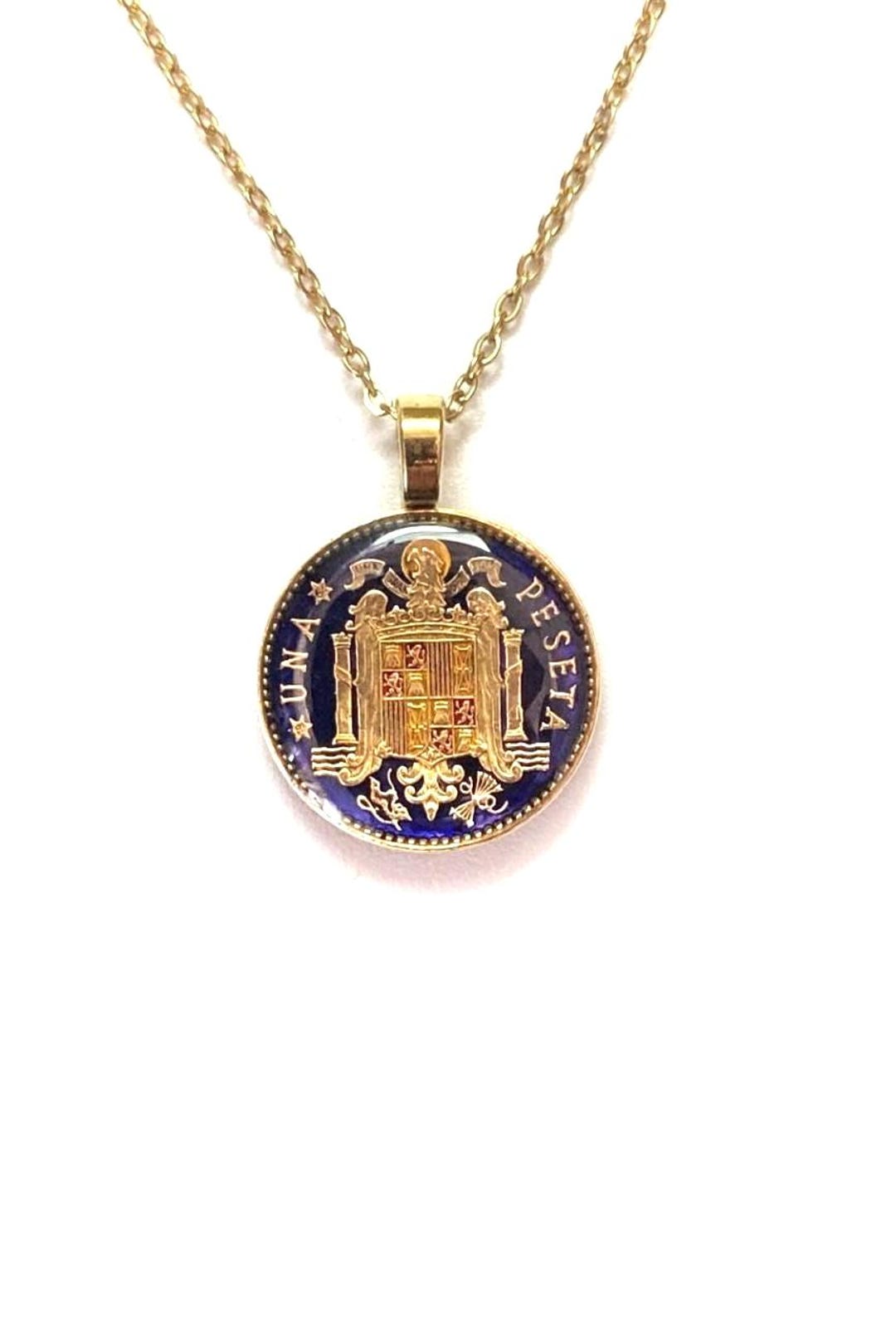 Spanish Peseta Pendant, Spanish Gold Necklace, Gift for Maria, Spanish ...