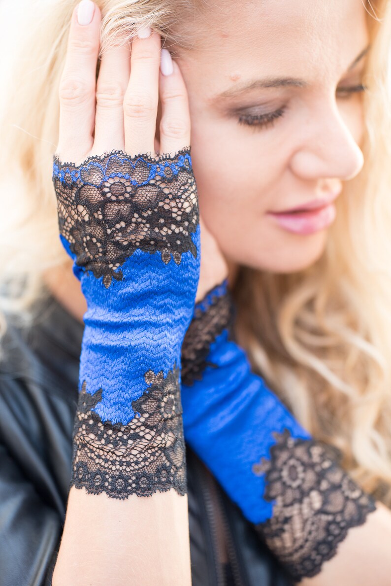 Black and Royal Blue Fingerless Gloves From Very Soft Lace - Etsy