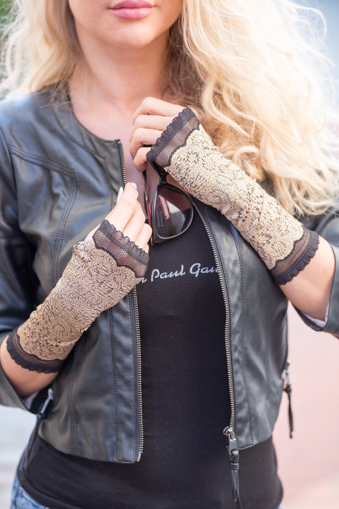 Halloween, Platinum and Black Lace Long Mittens, Fingerless Gloves ...