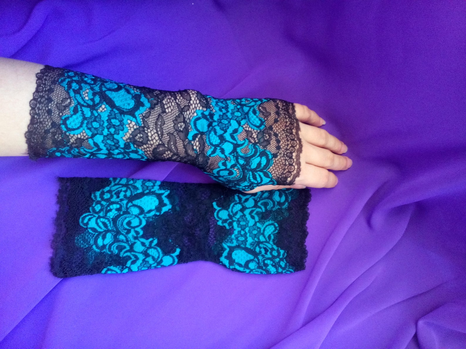 Black and Cyan Lace Fingerless Gloves, 9'(23 Cm), Burlesque, Gothic ...