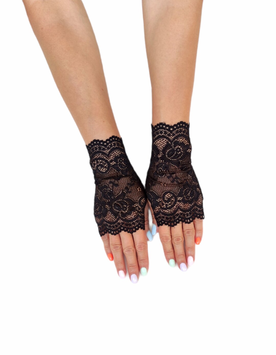 Halloween Black Lace Short Mittens, Fingerless Gloves, Goth Steampunk ...