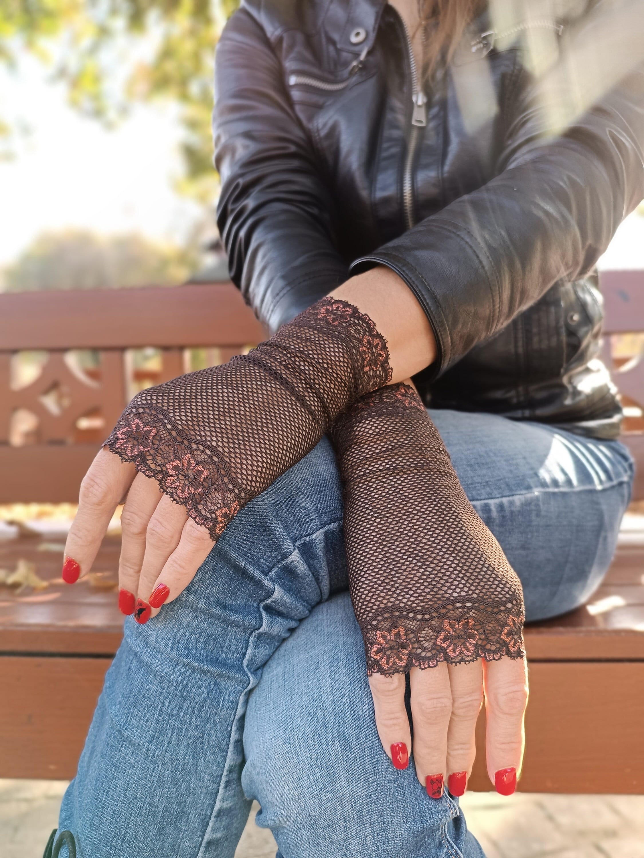 Short Brown Gloves Net Mittens Thin Mittens Etsy UK