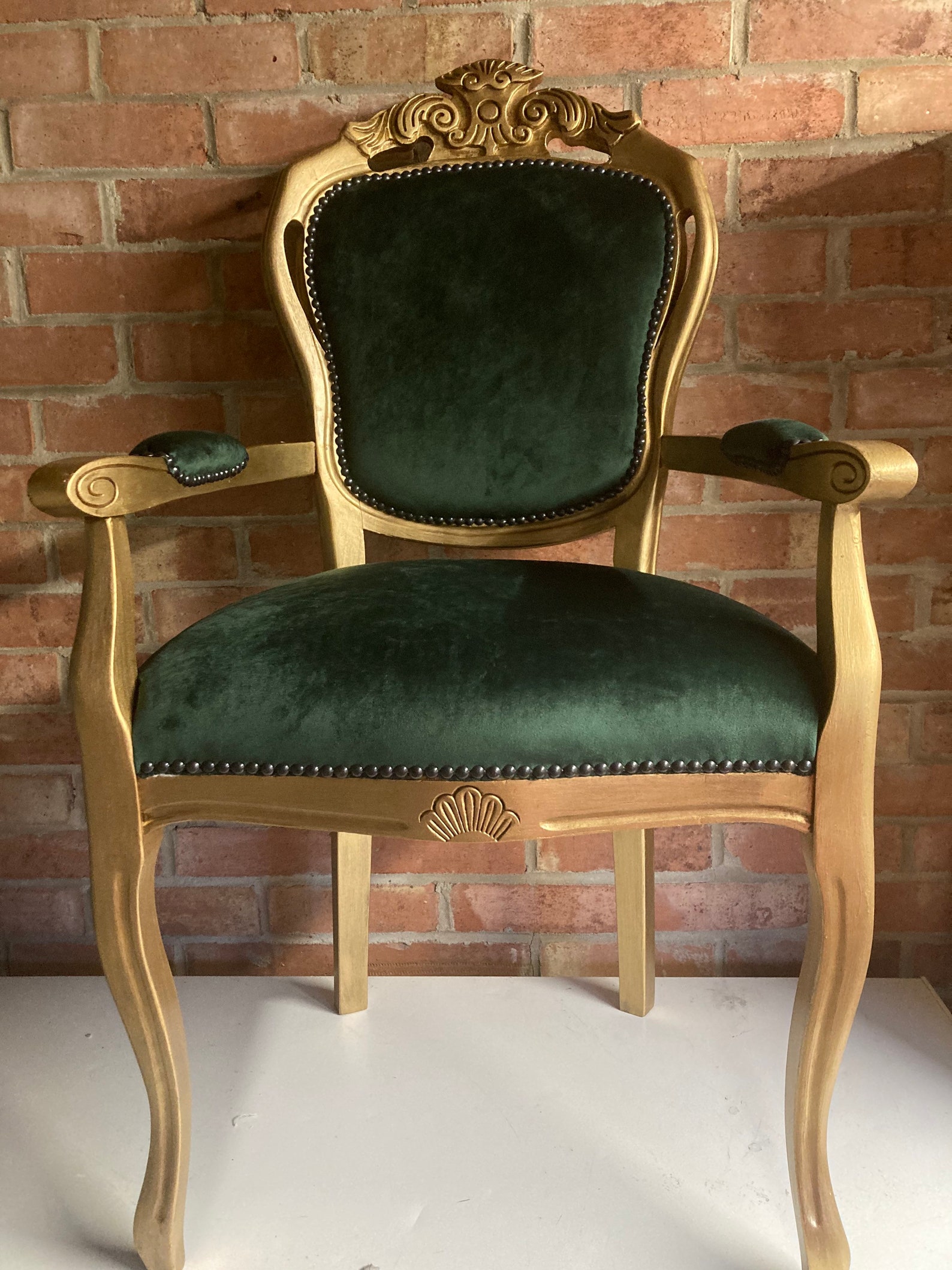 Louis Style Gold Frame Carver Chair With Green Velvet Fabric - Etsy