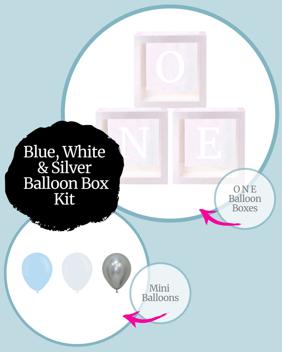 Blue, White & Silver ONE Balloon Box Kit Party Decorations Celebration ...