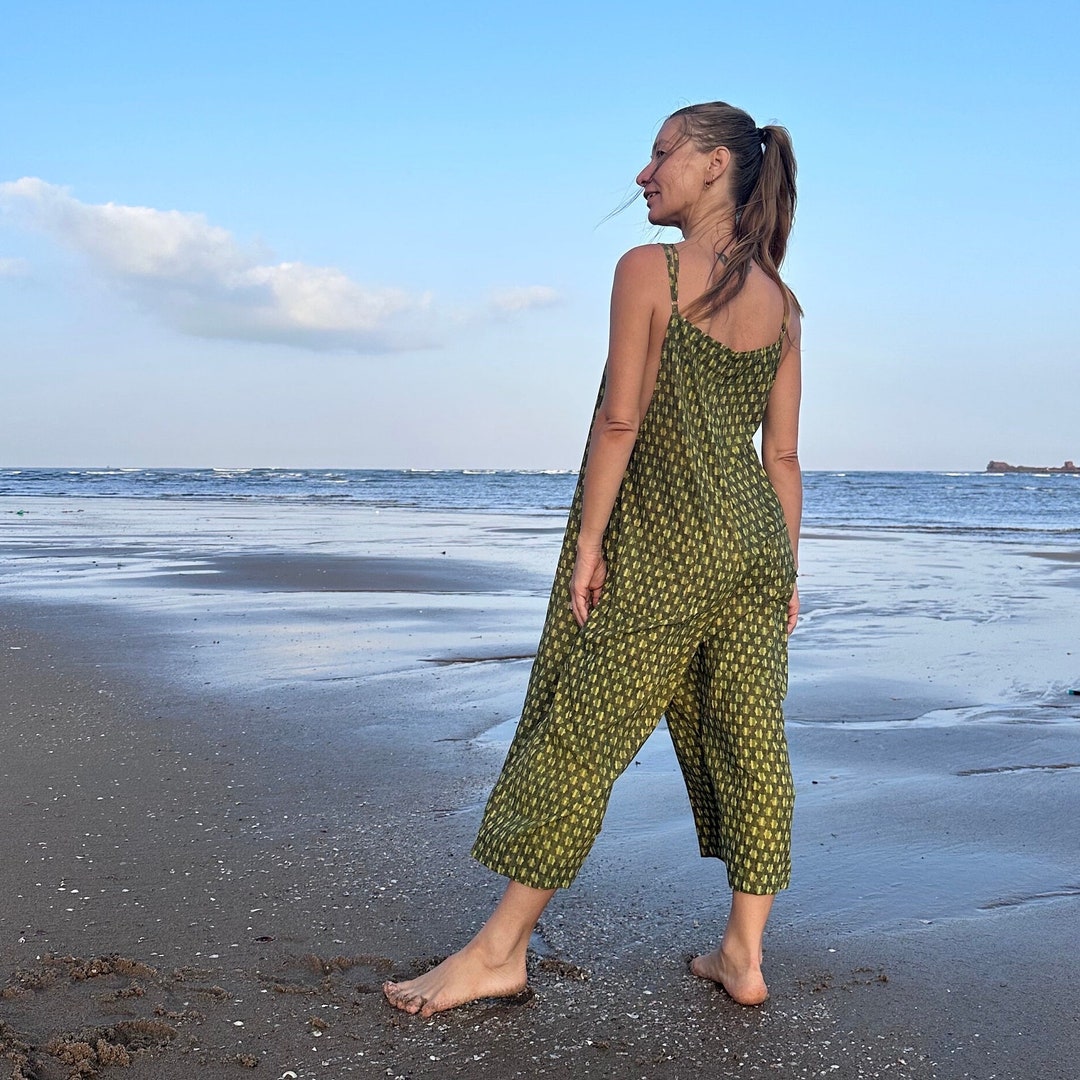Cotton Jumpsuit in Indian Print, Hand Block Printed Dungary, Natural ...
