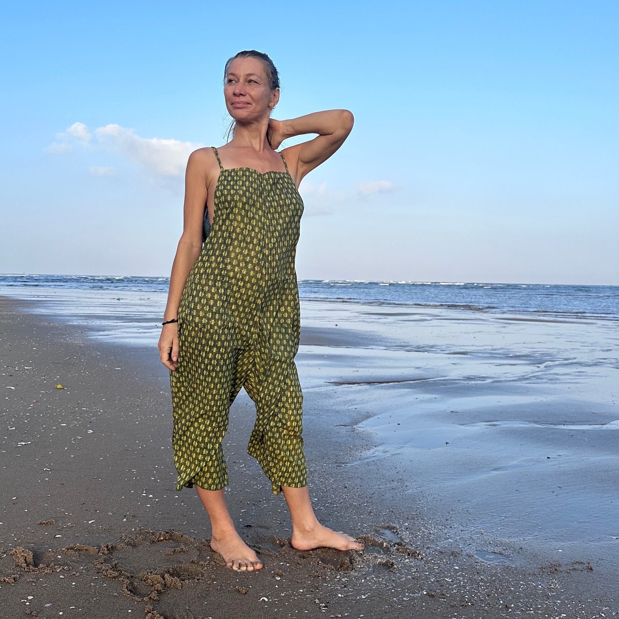 Cotton Jumpsuit in Indian Print, Hand Block Printed Dungary, Natural ...