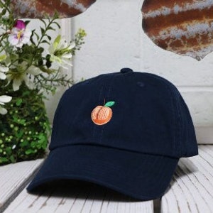 Peach Embroidered Navy Blue Hat, Peach Baseball Cap, Embroidered Peach ...
