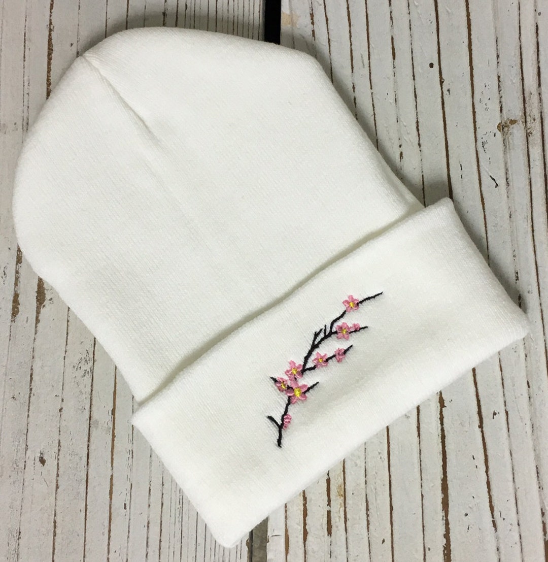 CHERRY BLOSSOM Embroidered Beanie Cuffed Cap, Women's Beanies, Cherry ...