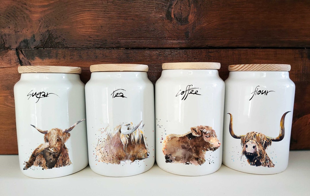 Highland Cows II Ceramic Tea,coffee,sugar and Flour Storage Jars ...