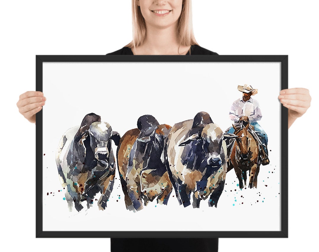 Brahman Cattle and Cowboy ." Print Watercolour,brahman Art,brahman ...