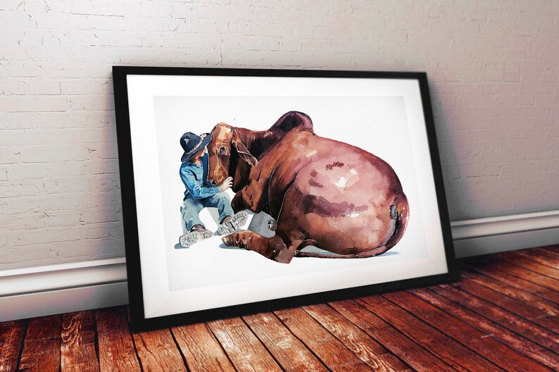 Young Cowboy and Brahman Cow . Print Watercolour.brahman - Etsy